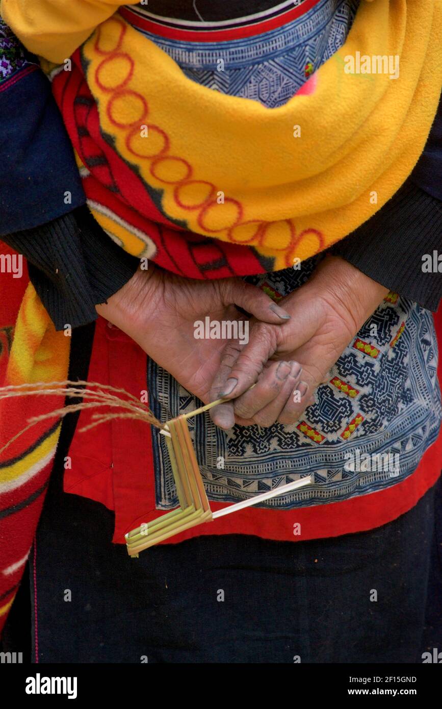 Hmong woman in traditional indigo attire with hands behind her back ...