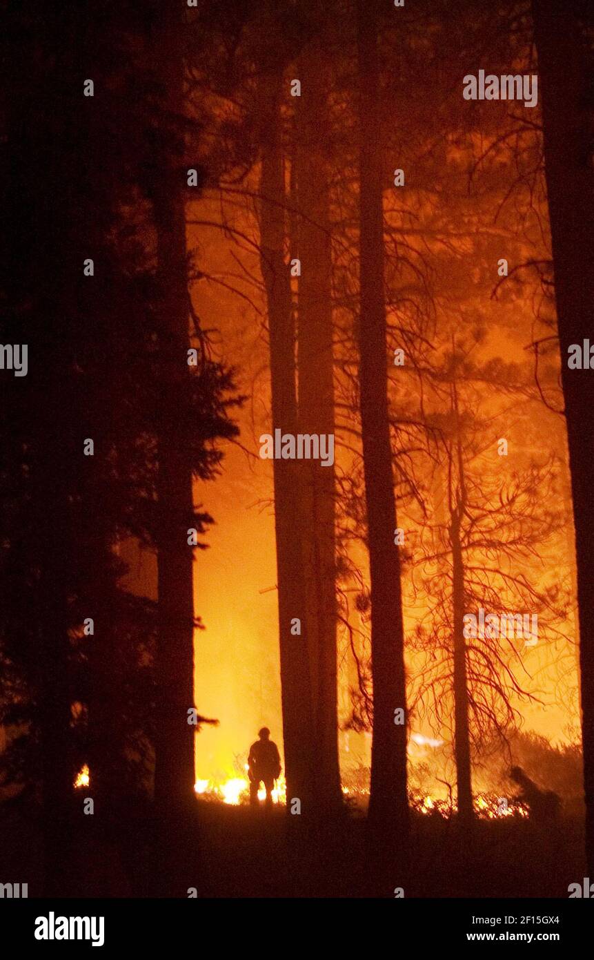 A firefighter stands ready at the Angora in fire in the Lake Tahoe ...