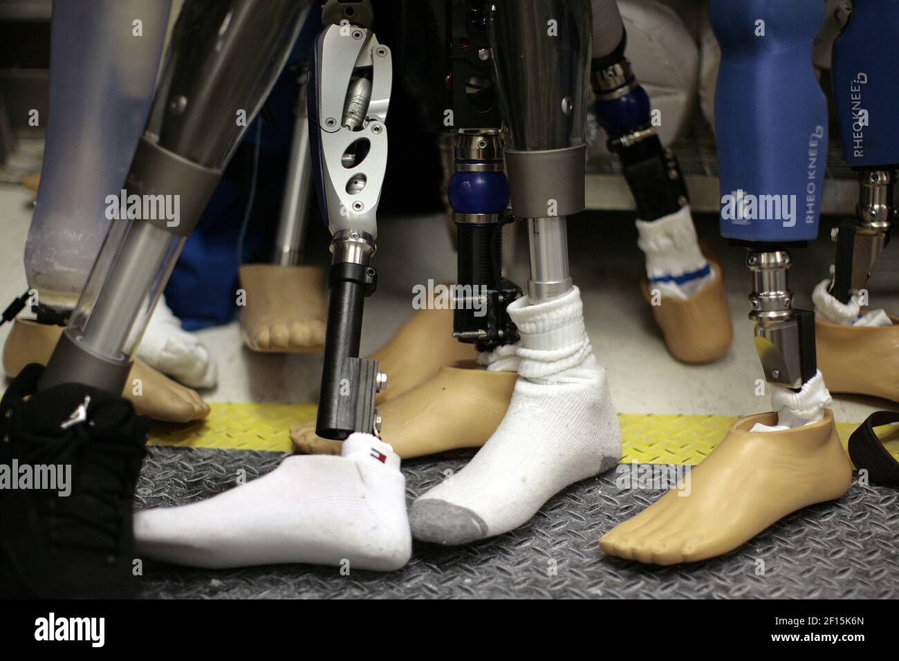 Artificial limbs are stacked up in a prosthetics lab at Walter Reed ...