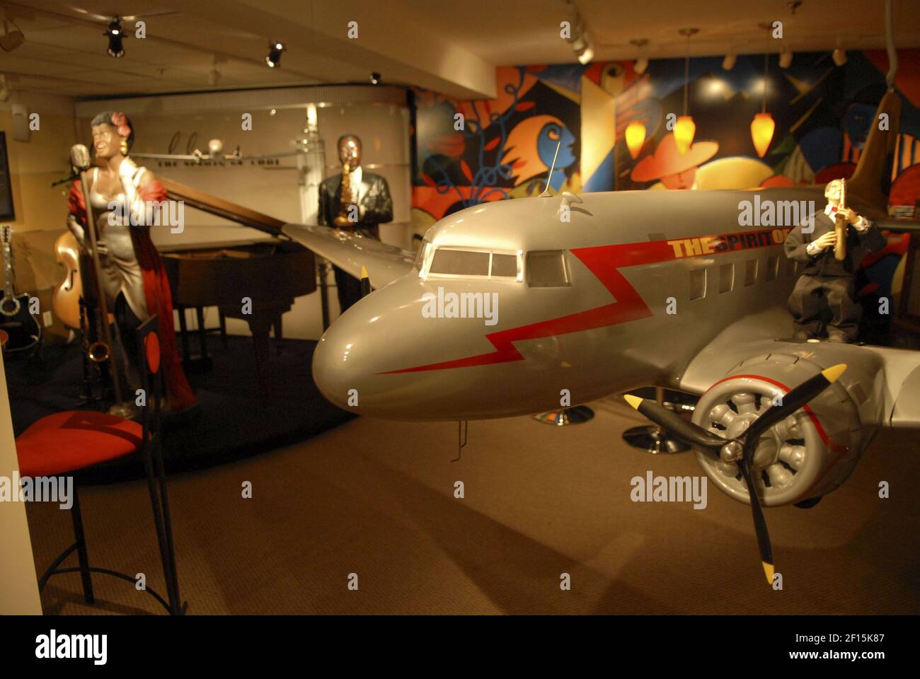 A view of Aerobleu, a themed jazz club with a giant airplane descending ...