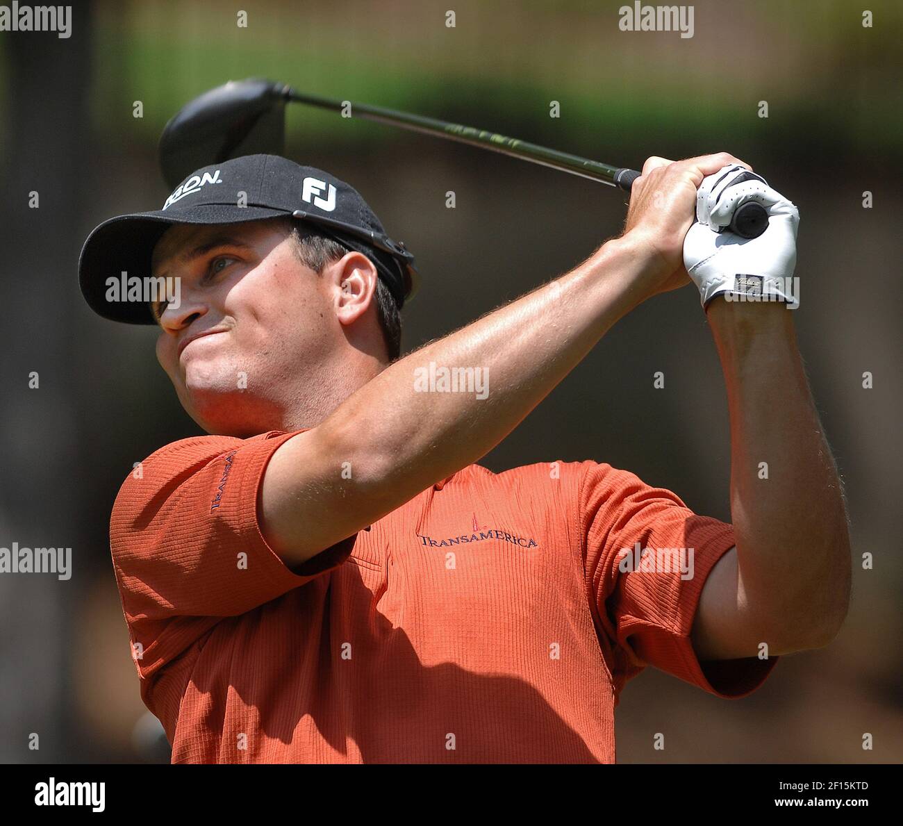 Master's champion Zach Johnson watches his shot on the ninth tee during ...