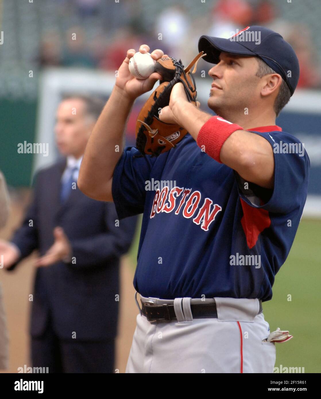 Boston Red Sox catcher Doug Mirabella warms up before their game ...