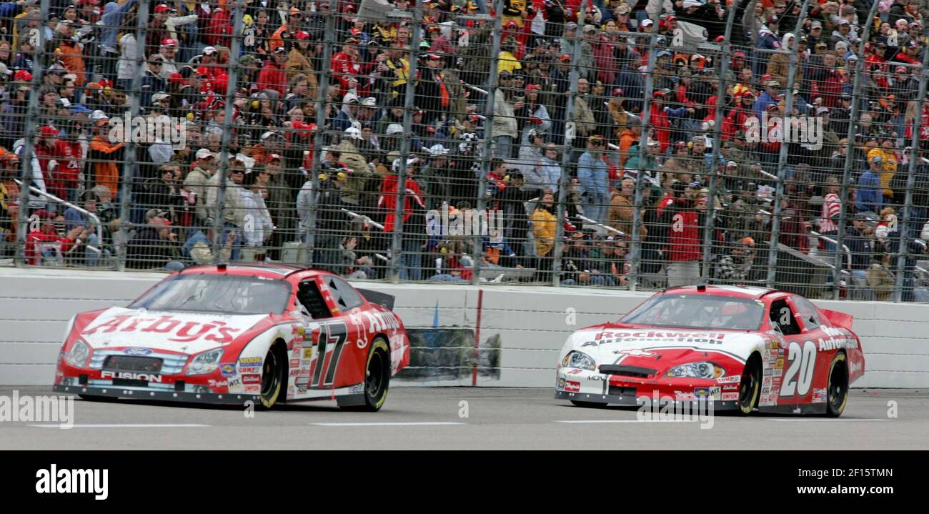 Matt Kenseth leads Denny Hamlin on lap 192 during the NASCAR Busch ...