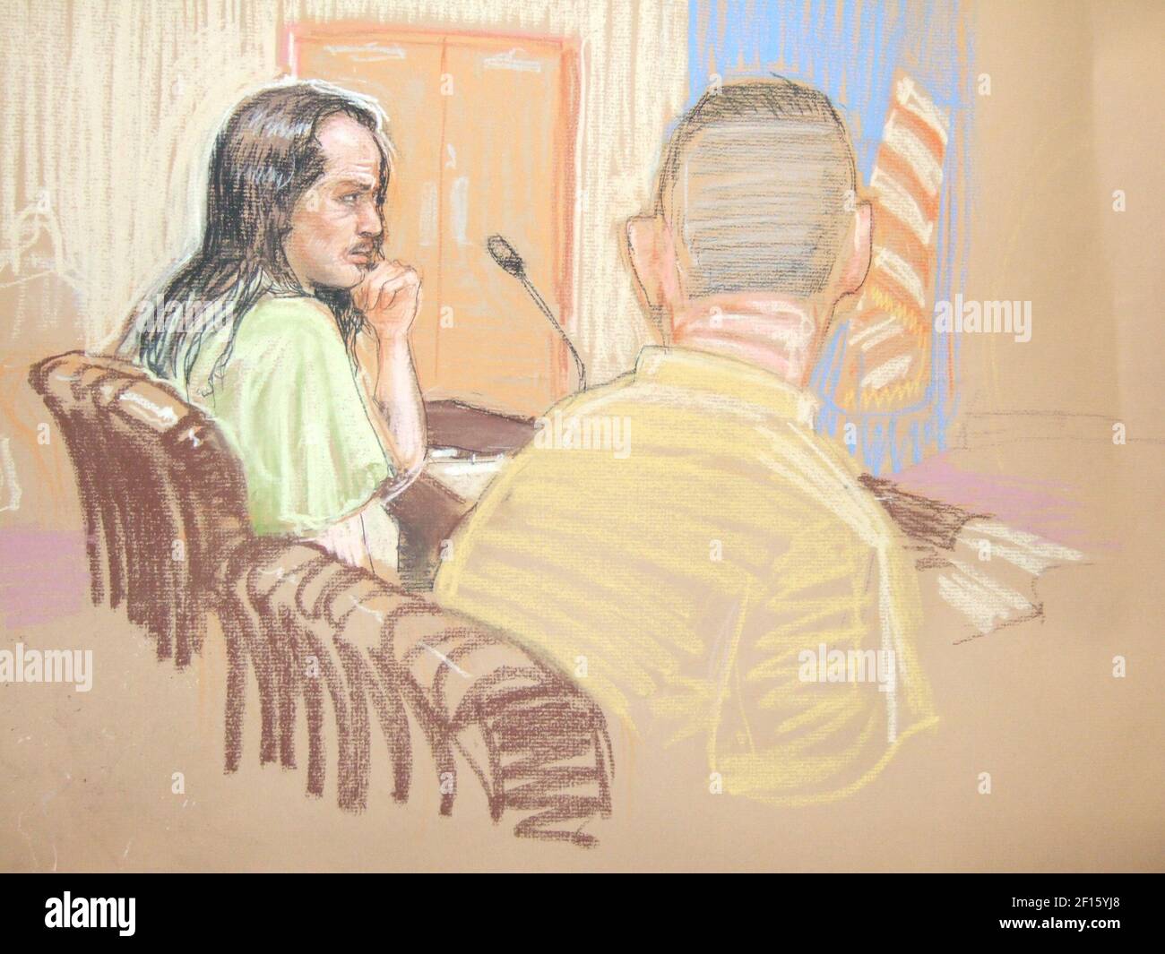 Pool sketch of David Hicks and his defense counsel, Marine Maj. Dan ...
