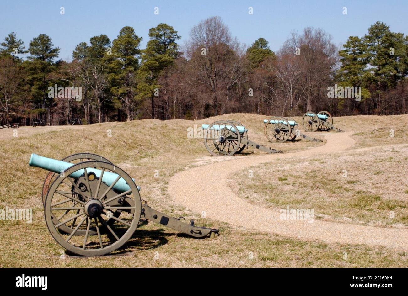Four Union cannons sit along a walking path inside Fort Stedman. The ...