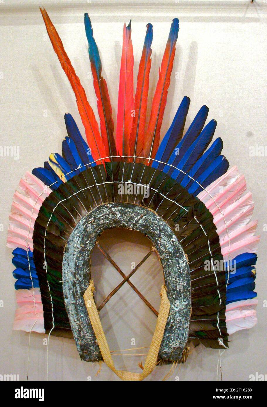 From the Karaja people, a ceremonial headdress with palm frond ribs ...