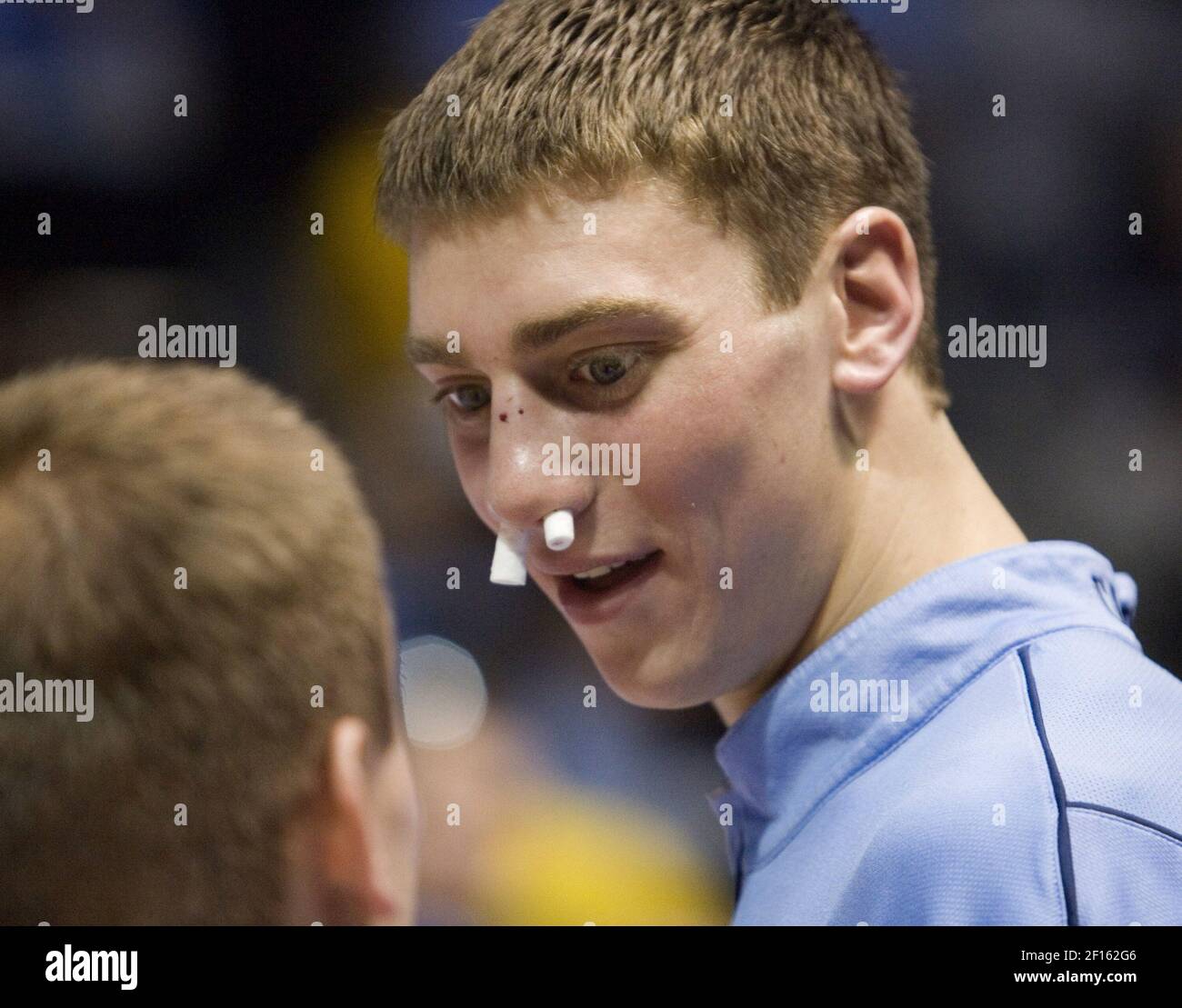 North Carolina's Tyler Hansbrough (50) talks with teammate, Dewey Burke ...