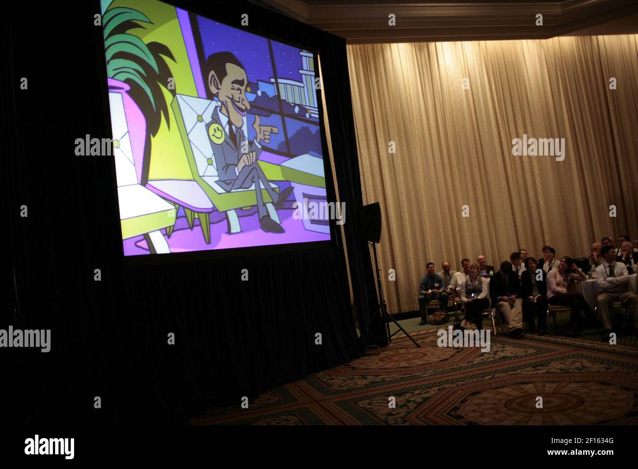 A cartoon animation of Democratic Senator Barack Obama is projected ...