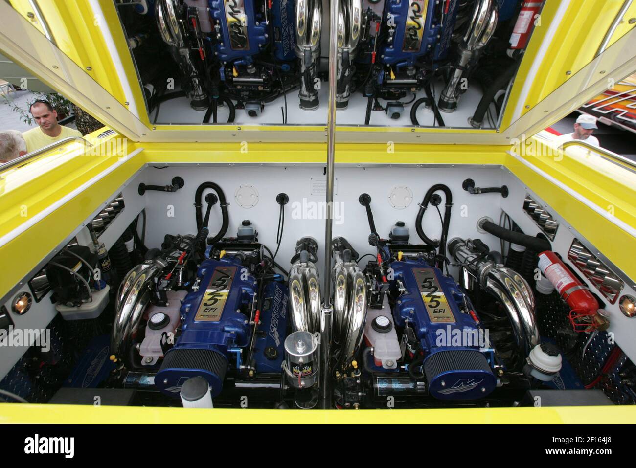 The twin 525 horsepower Mercury engines of a 46-foot Black Thunder ...