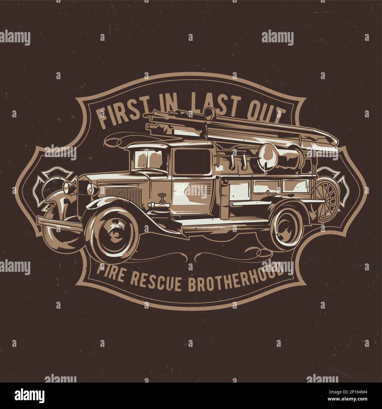 T-shirt label design with illustration of vintage fire truck. Hand ...