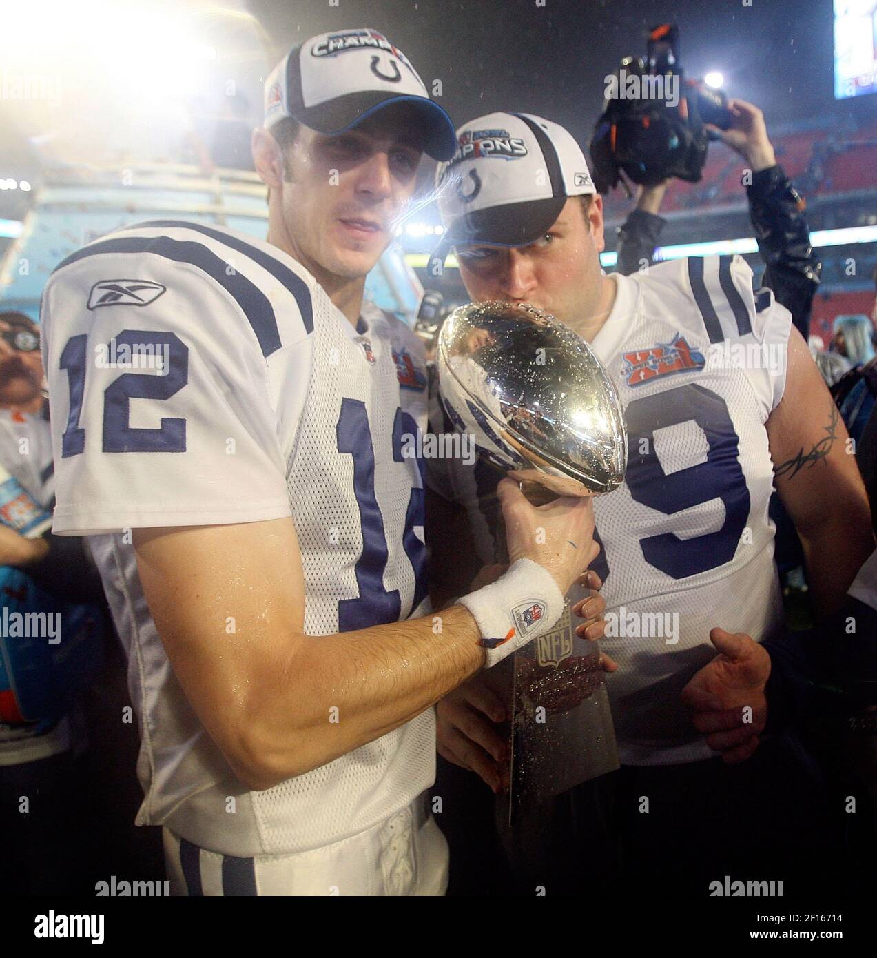 The Indianapolis Colts' Jim Sorgi (12) and Matt Ulrich celebrate with ...