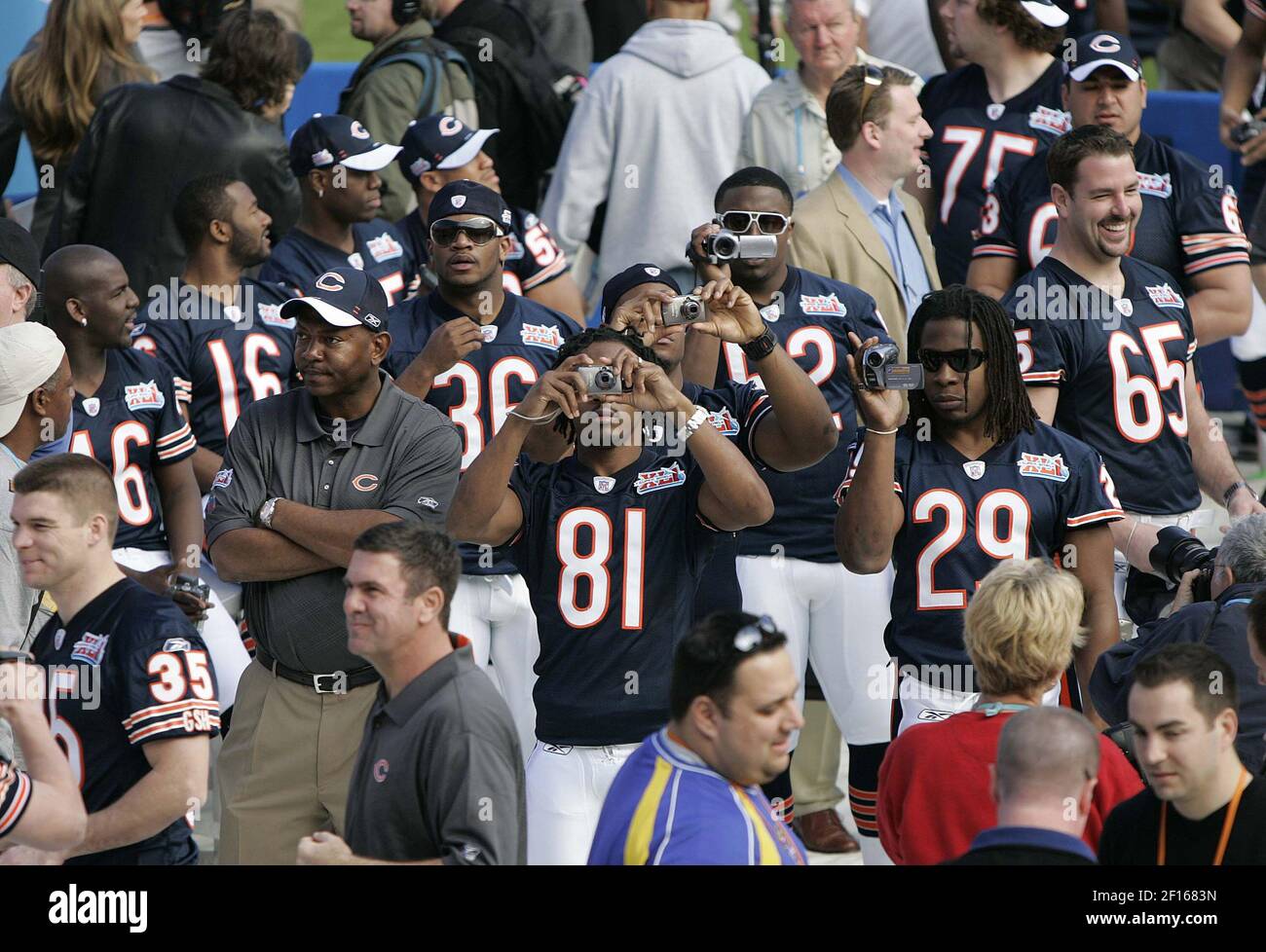 Chicago Bears' Rashied Davis (81) and Adrian Peterson (29) videotape ...