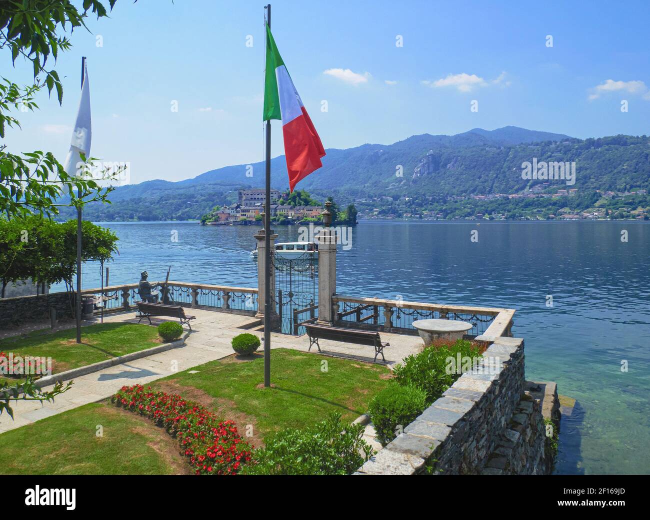 San Giulio island seen from a romantic panoramic terrace on Lake Orta ...
