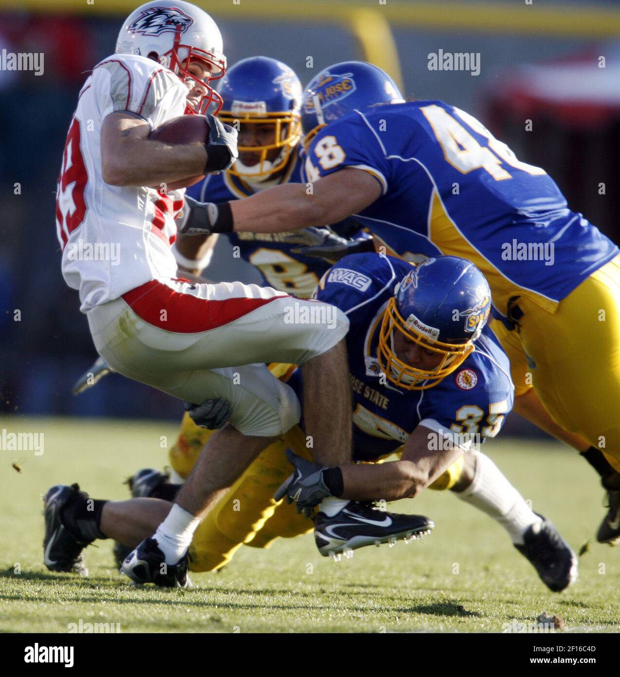 San Jose State University defenders Matt Castelo (35) and Ryno Gonzalez ...