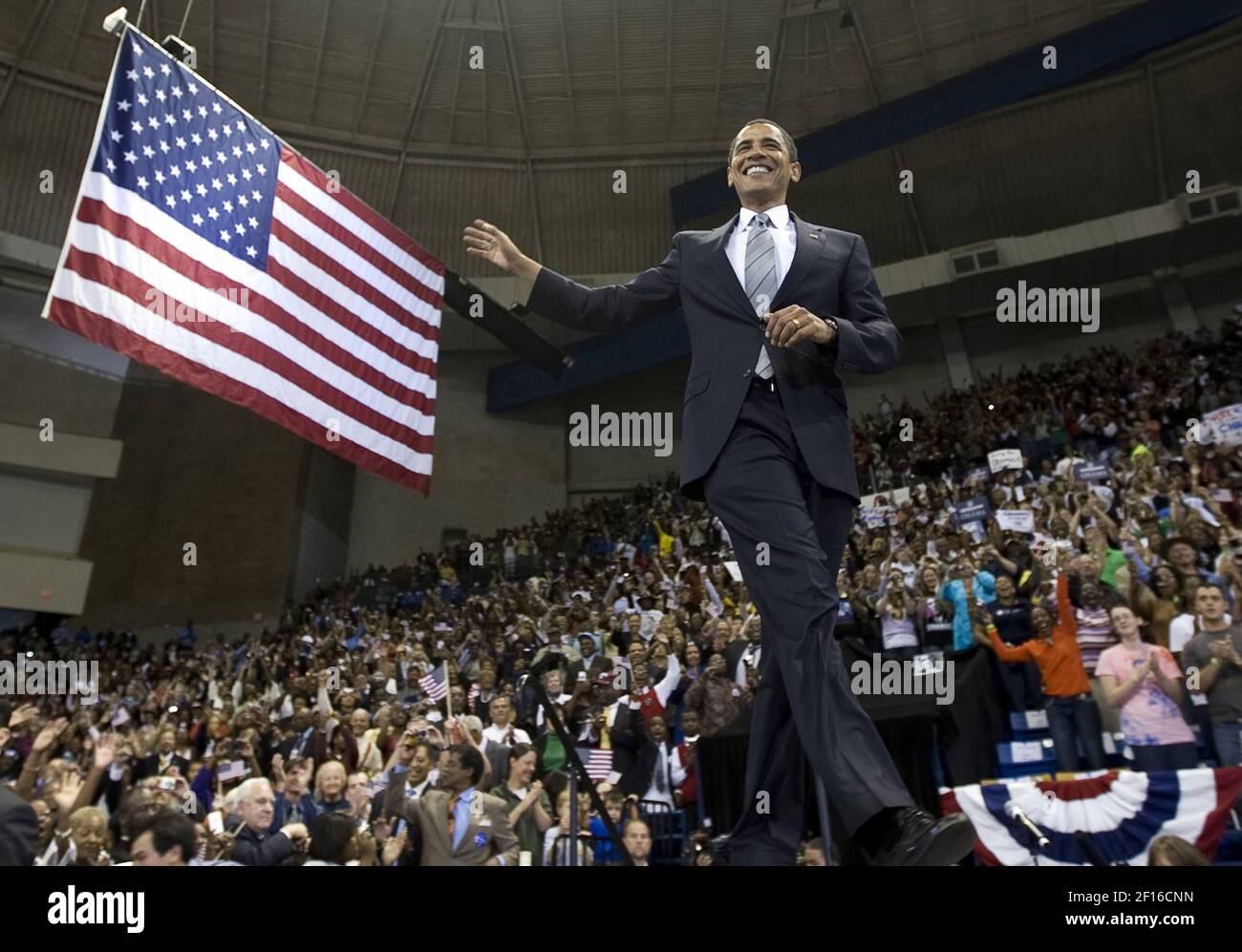 Democratic presidential candidate Sen. Barack Obama greets the capacity ...
