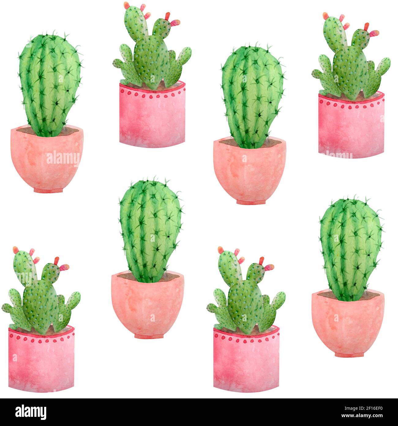 Watercolor hand drawn seamless pattern of tropical mexican cactus cacti ...