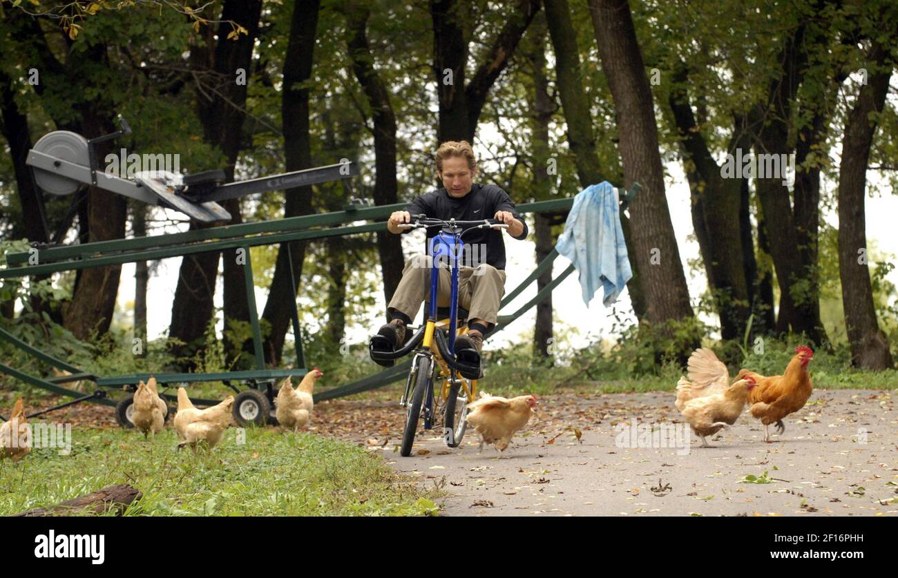 Scott Olson, the man responsible for Rollerblades, tests the Rowbike, a ...