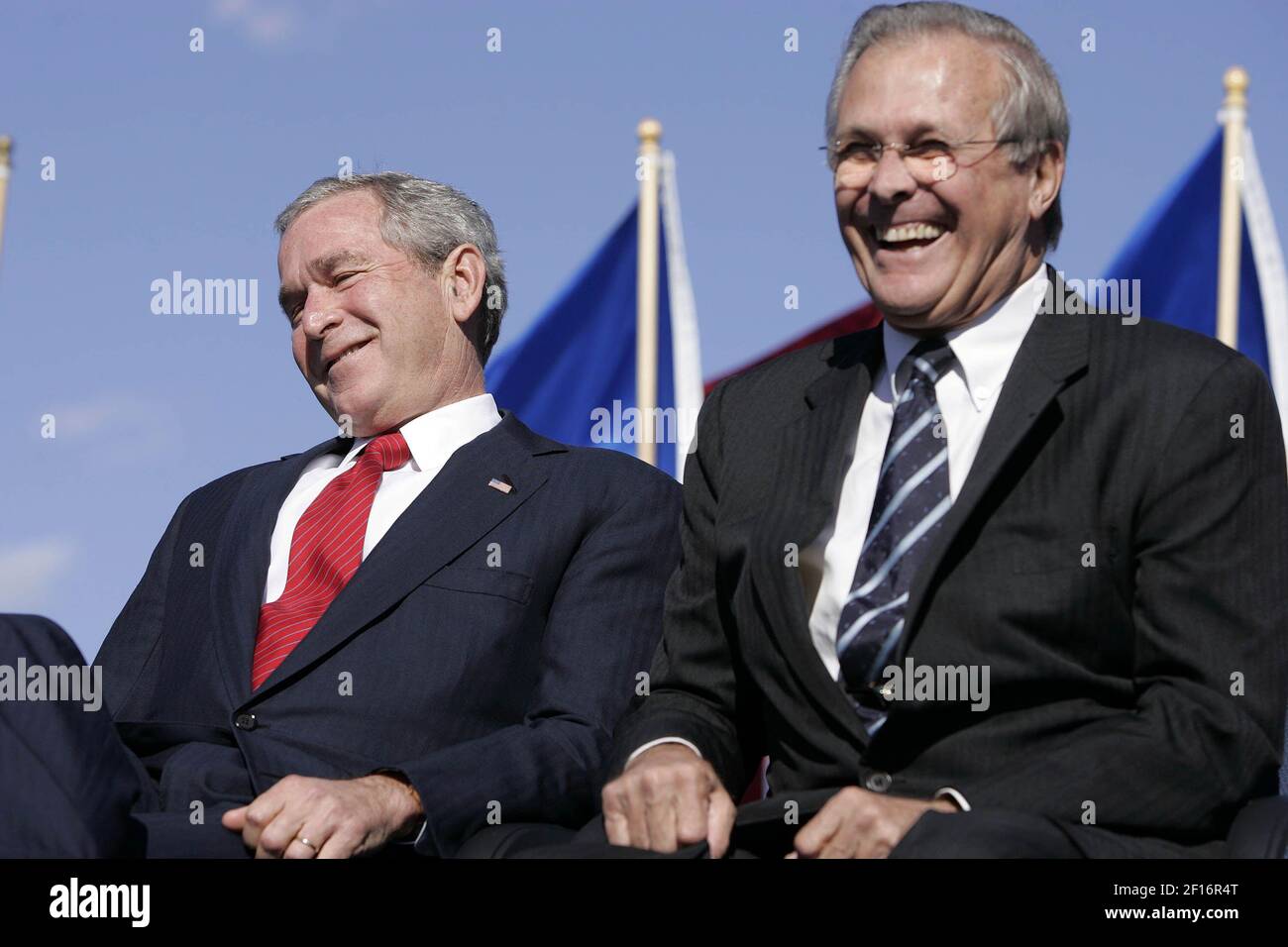 President George Bush and Sec. of Defense Donald Rumsfeld talk during ...