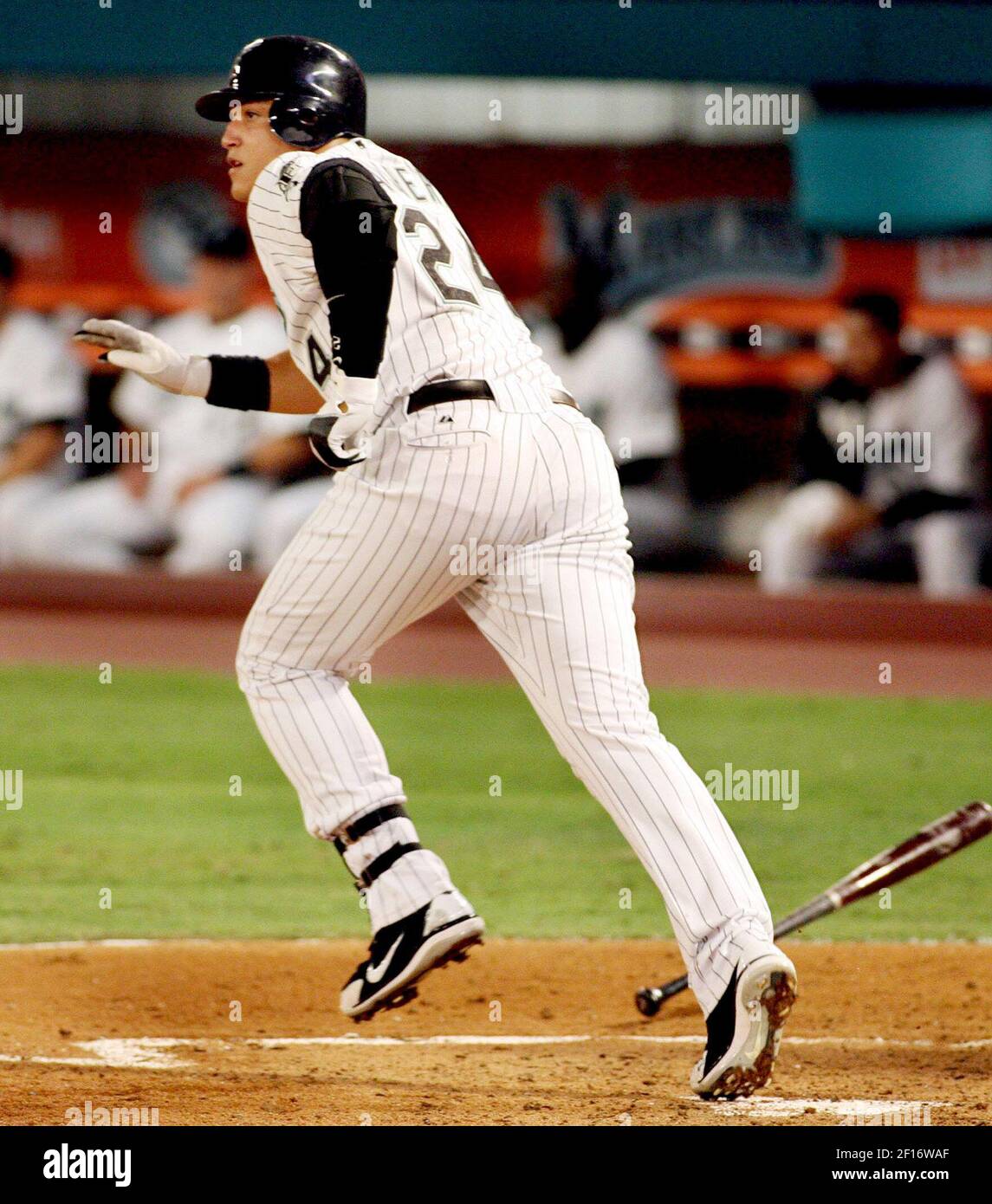 Florida Marlins' Miguel Cabrera hits a single in the second inning ...
