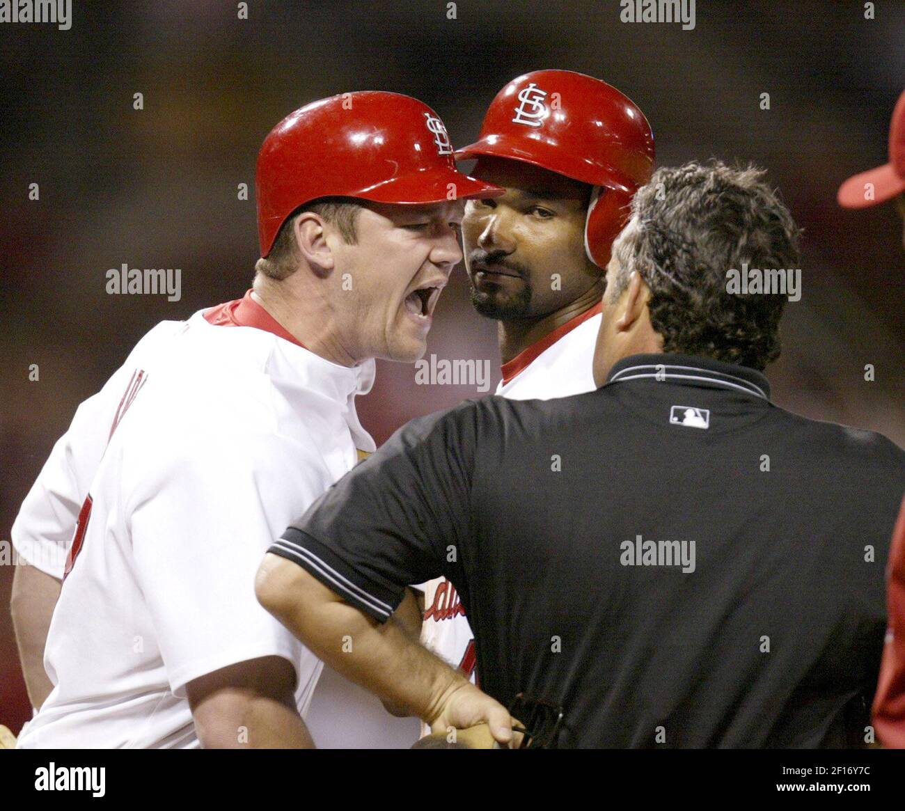 St. Louis Cardinals' Scott Rolen screams at home plate umpire Tim ...