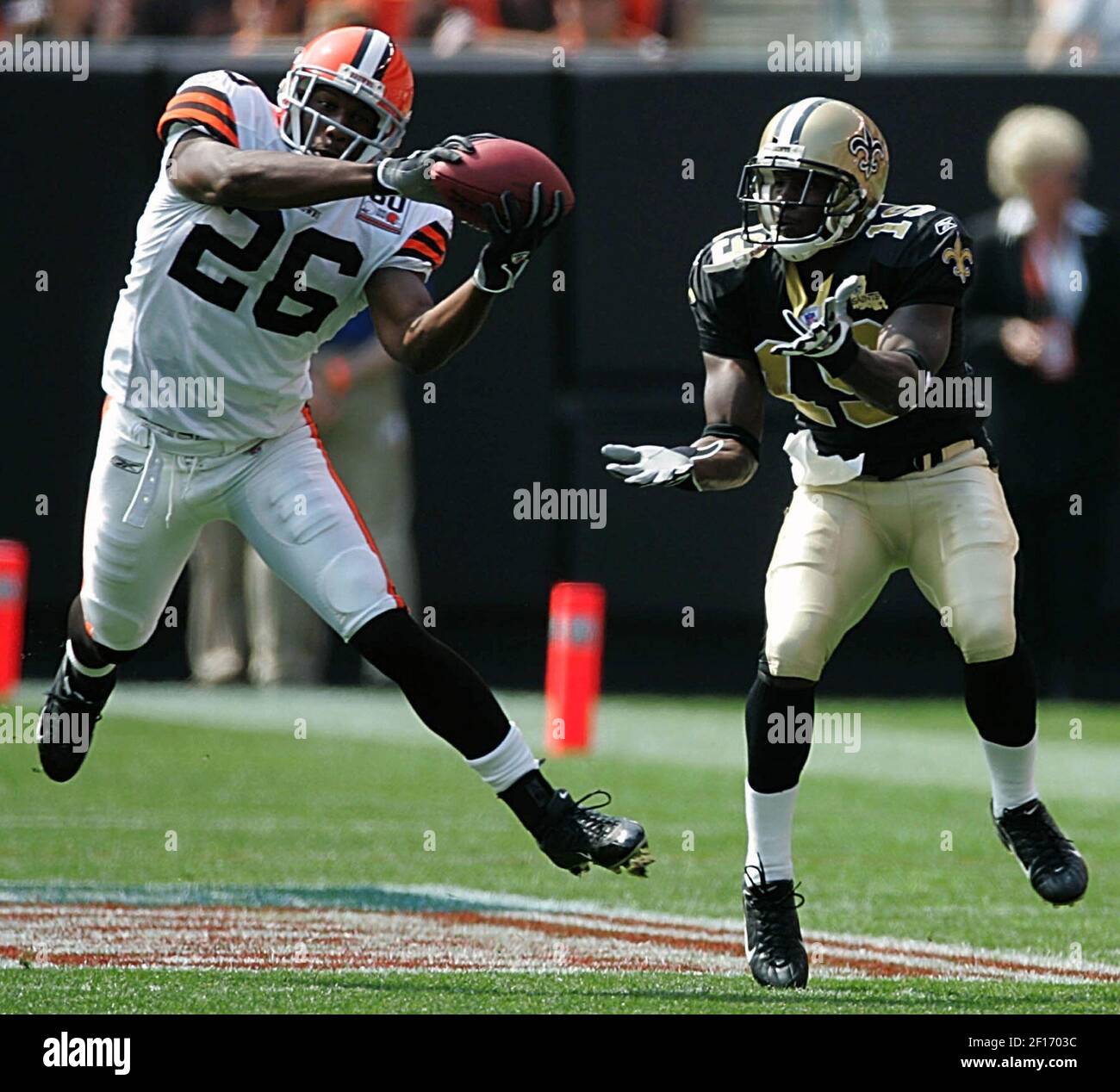 Cleveland Browns defensive back Sean Jones (26) intercepts a Drew Brees ...