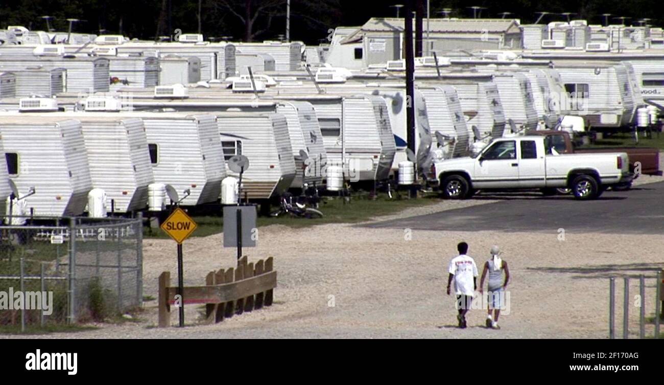 Row and rows of trailers fill the Renaissance Village at the FEMA ...