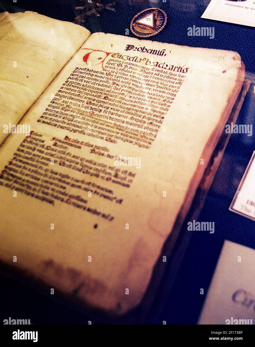 A 15th century Masonic text printed on the Gutenberg press is displayed ...