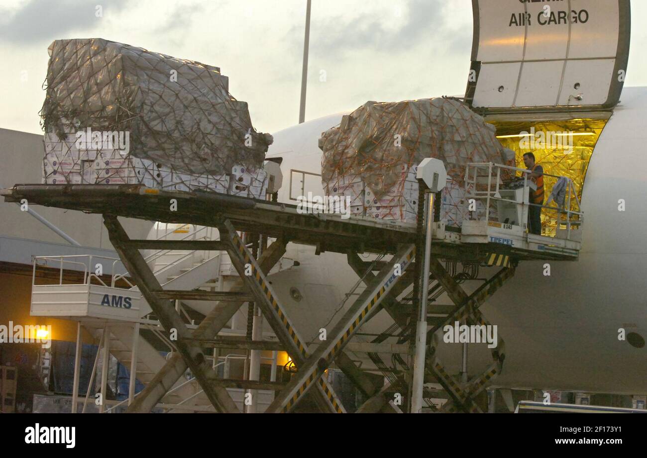 Ramp workers manage the loading of freight onto a cargo plane at Miami ...