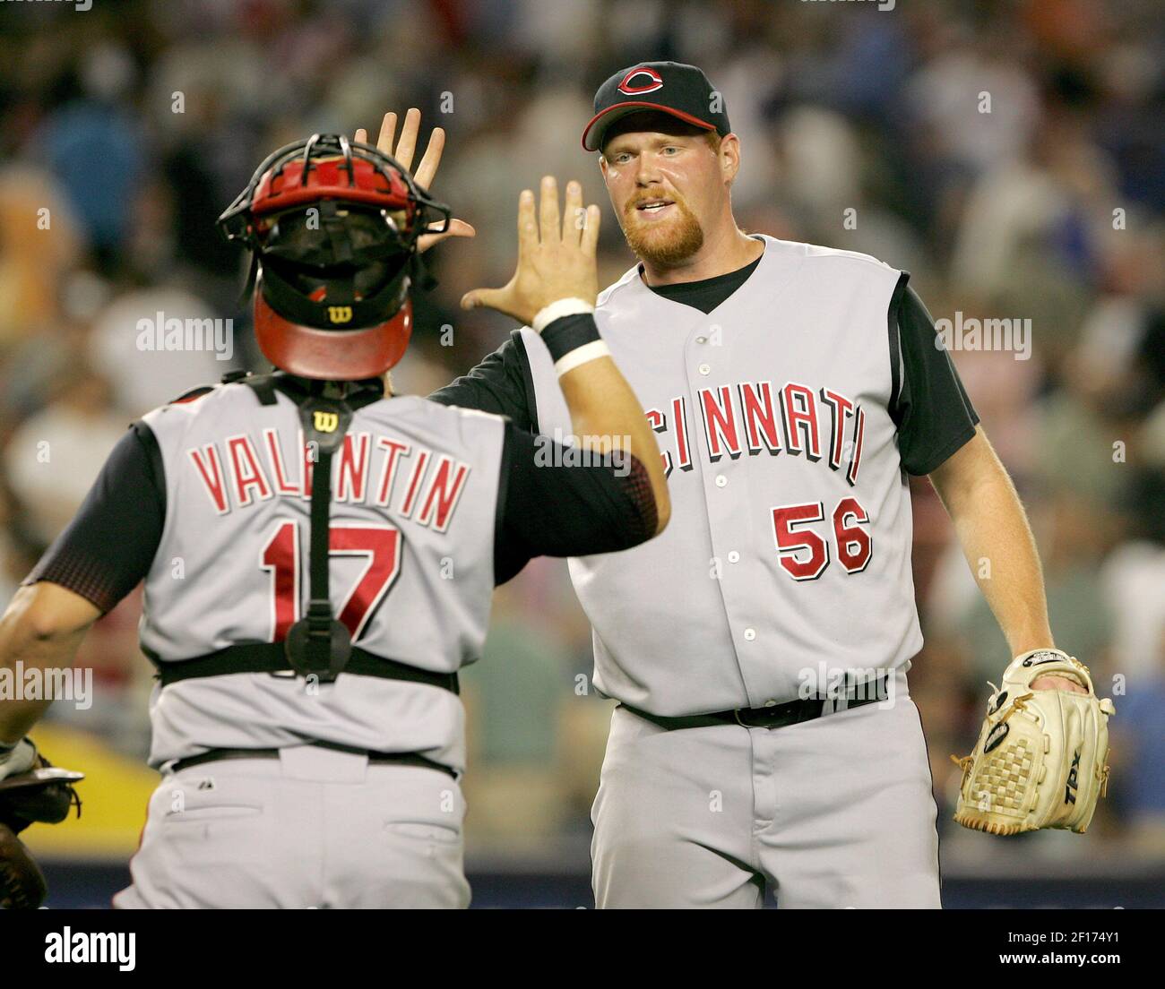 Cincinnati Reds' catcher Javier Valentin congratulates closing pitcher ...