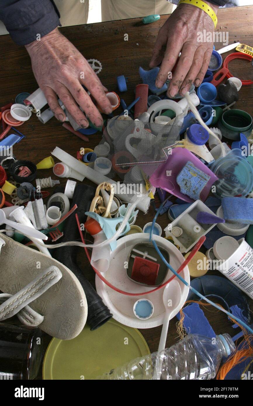 Retired marine biologist Curtis Ebbesmeyer looks through trash ...