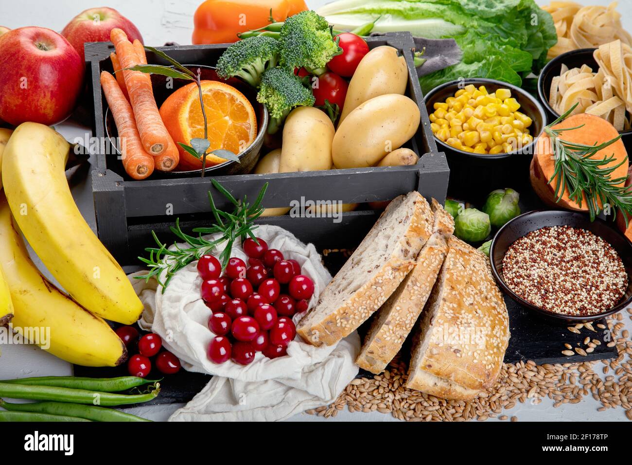 Best sources of carbs on light gray background. Healthy food concept ...