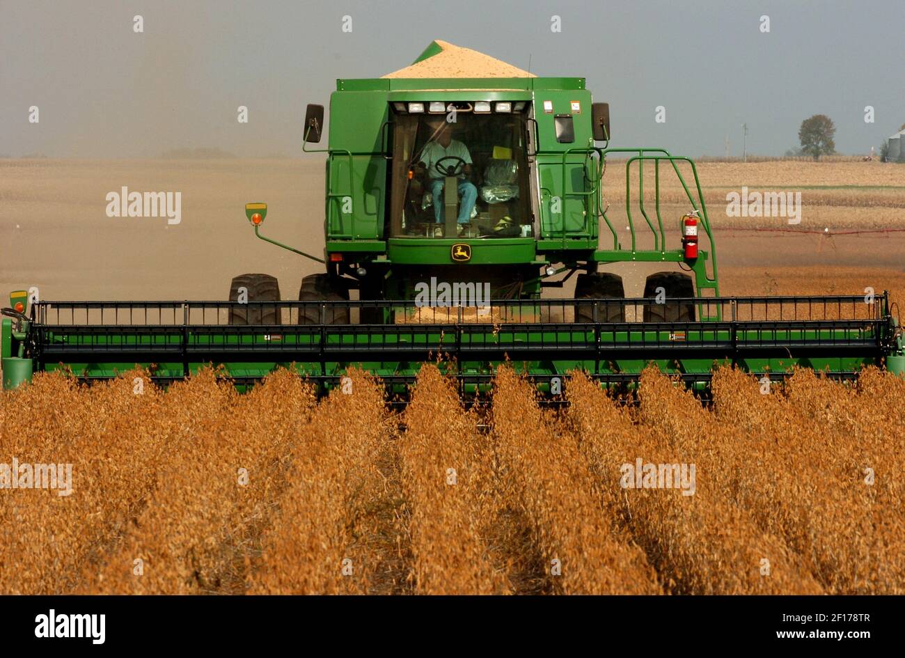 Don Peterson harvests soybeans with his combine on his farm in Nininger ...