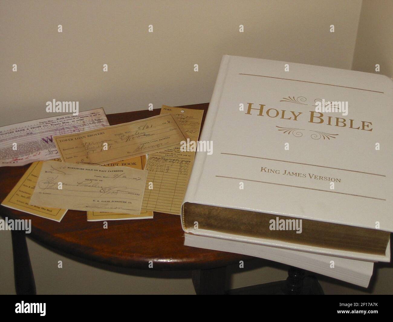 A Bible and copies of Presley family bills in a bedroom. (Photo by Liz ...