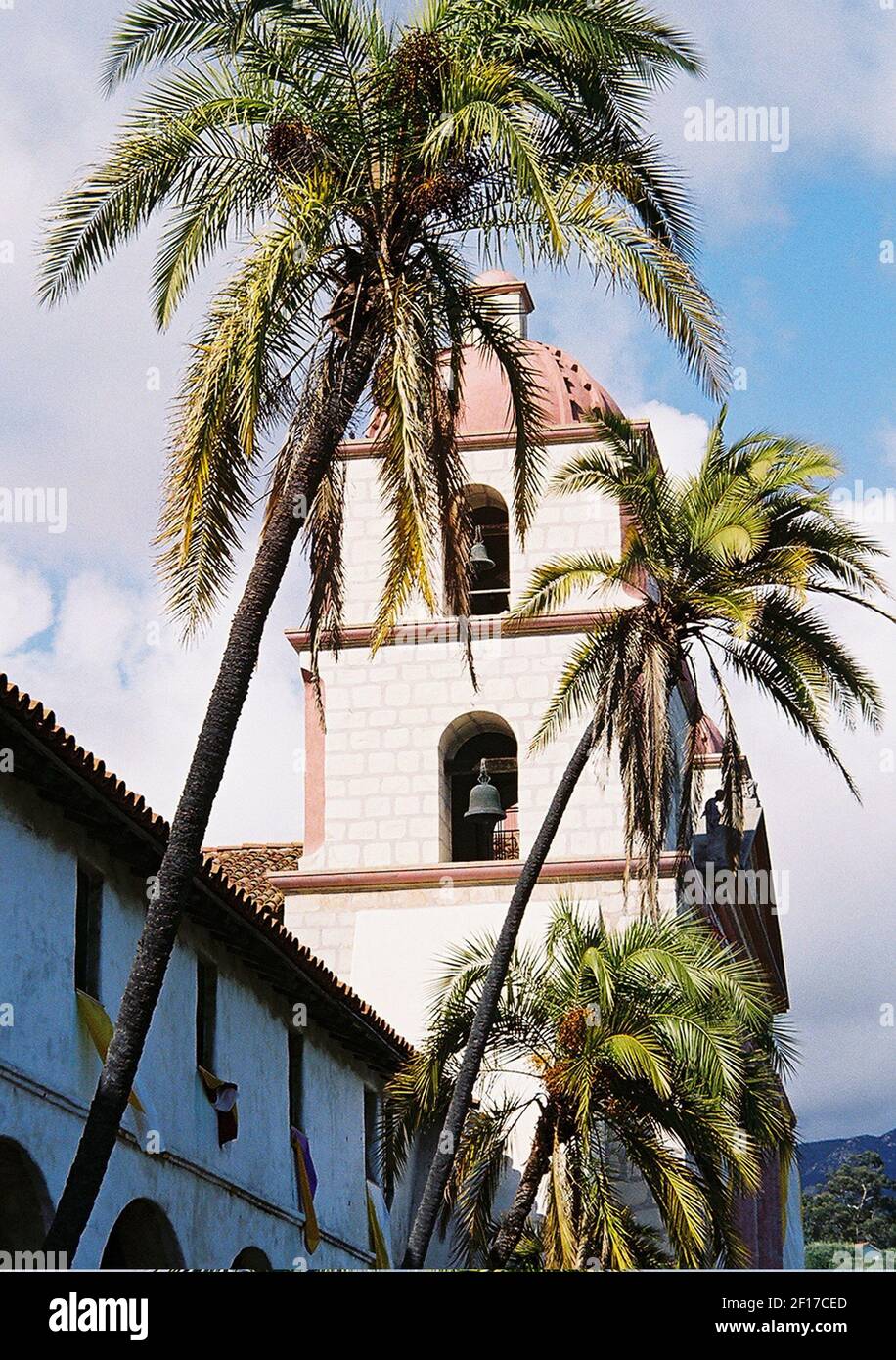 The towers of Mission Santa Barbara stand tall on the hill overlooking ...
