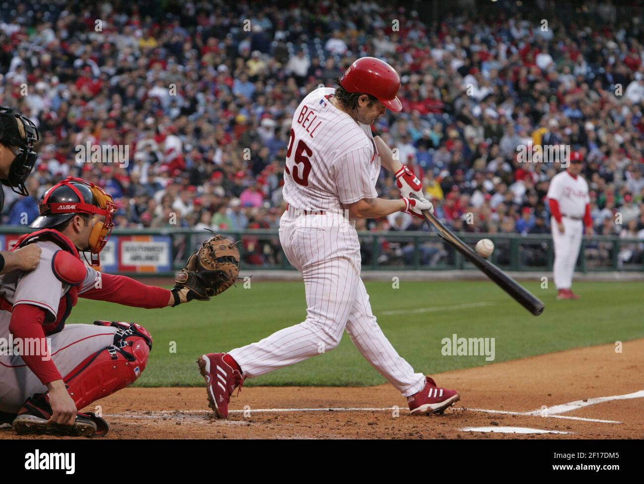 Philadelphia Phillies third baseman David Bell breaks his bat as he ...