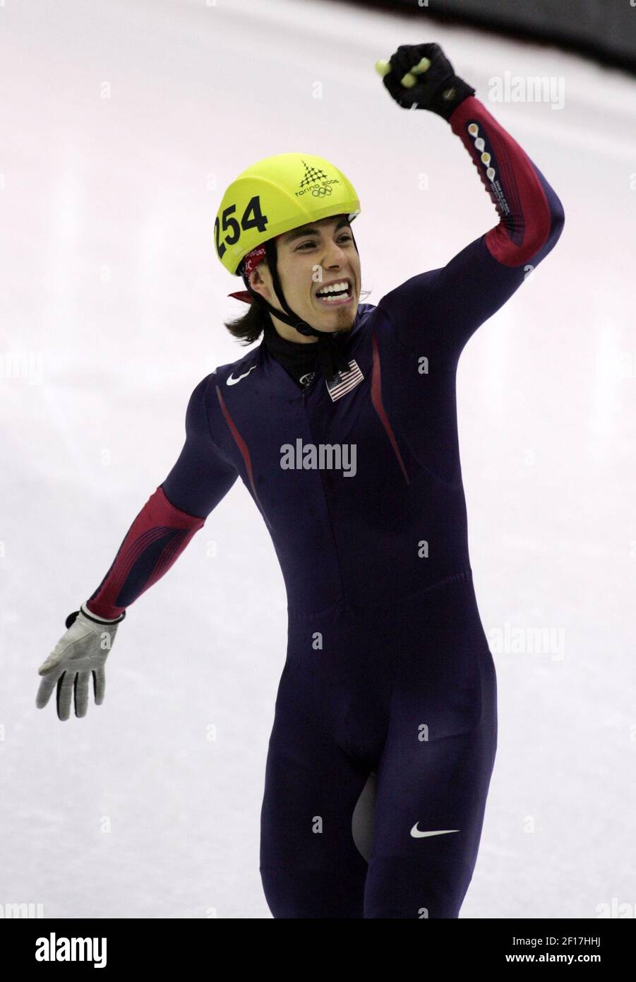 USA skater Apolo Anton Ohno celebrates after winning the gold medal in ...