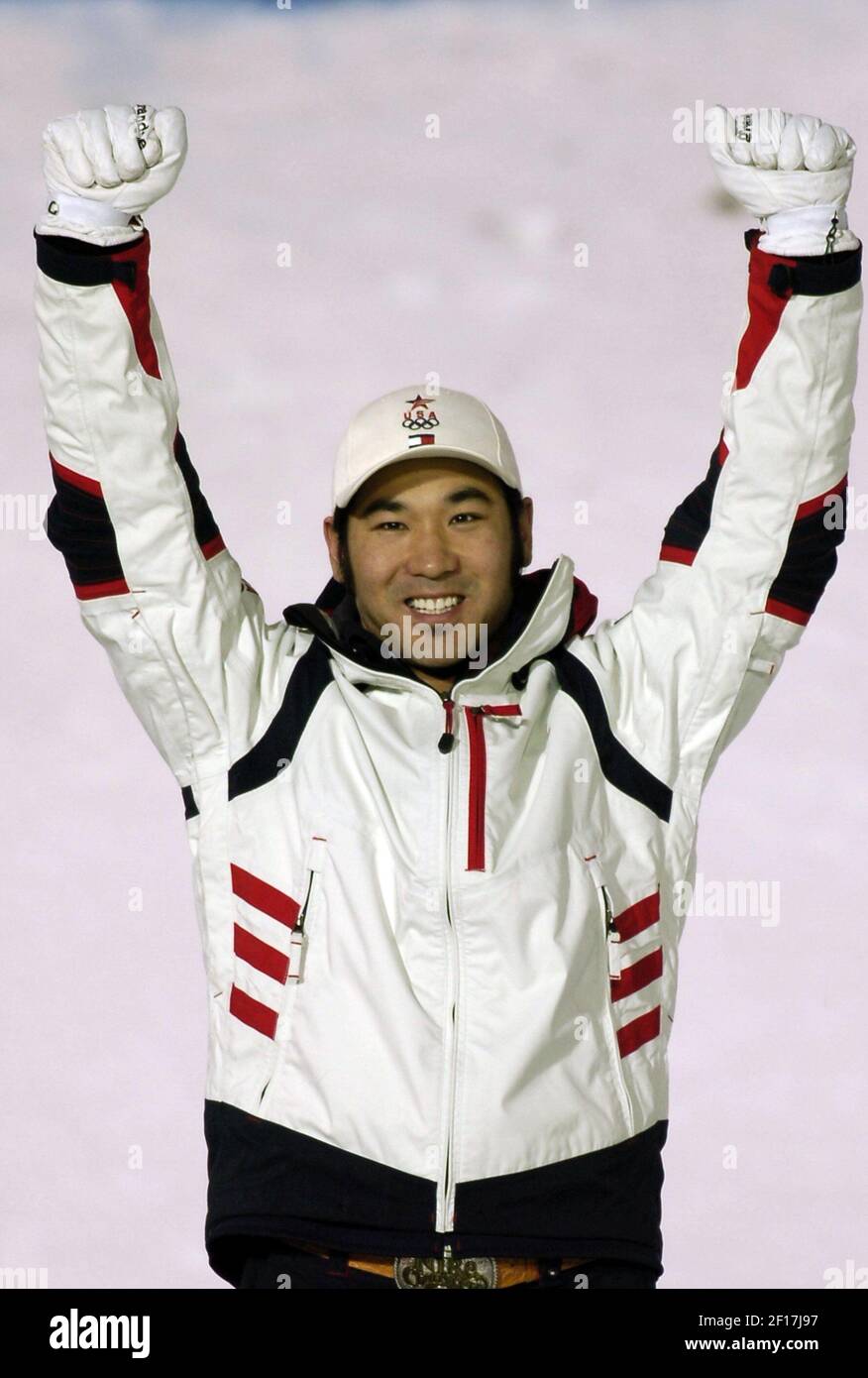 US Freestyle Skier Toby Dawson celebrates winning the bronze medal in ...