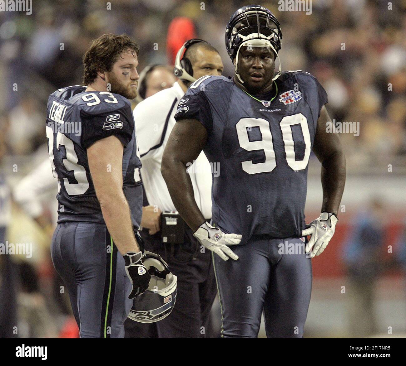Seattle Seahawks players Craig Terrill (93) and Marcus Tubbs (90) watch ...