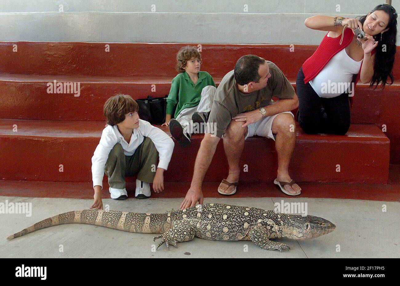Julian Claramonte, 8, left, and his father Albert, center right, pet a ...