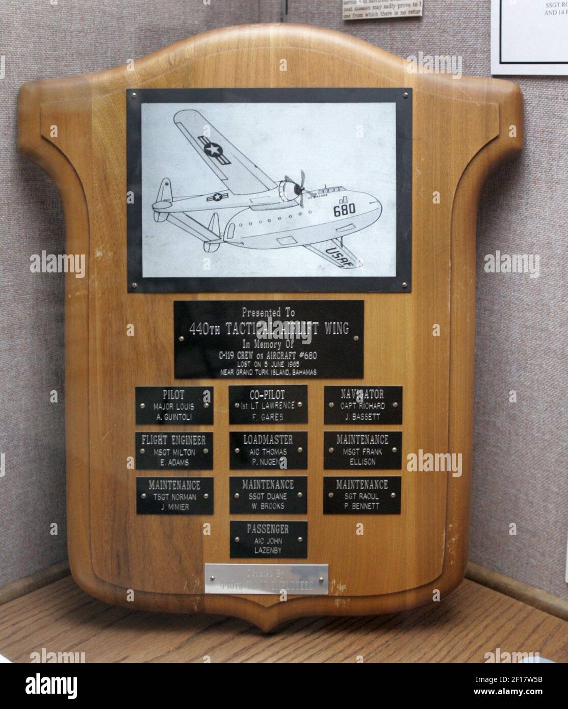 A plaque with the names of the missing crewmen are on display inside ...