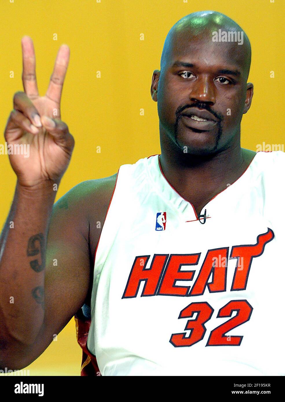 Miami, FL--Miami Heat center Shaquille O'Neal clowns around with the ...
