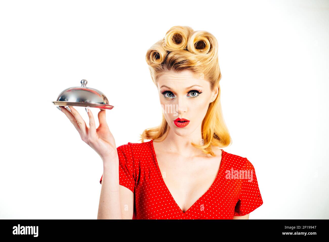 Catering waiter. Pinup girl with service tray. Restaurant menu concept ...