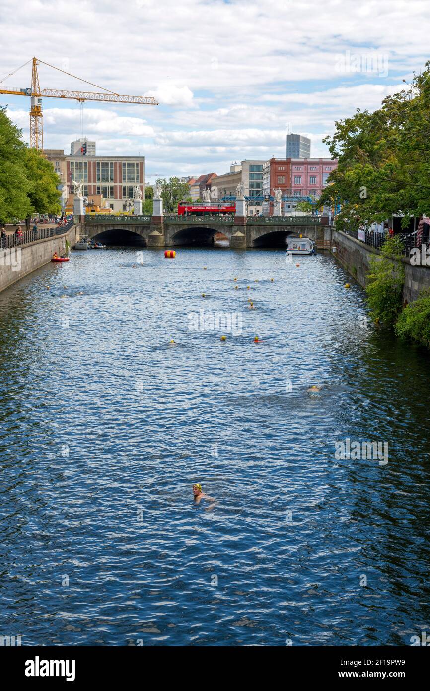 Berlin, Germany - July 01, 2018: People swim in the Spree river on ...