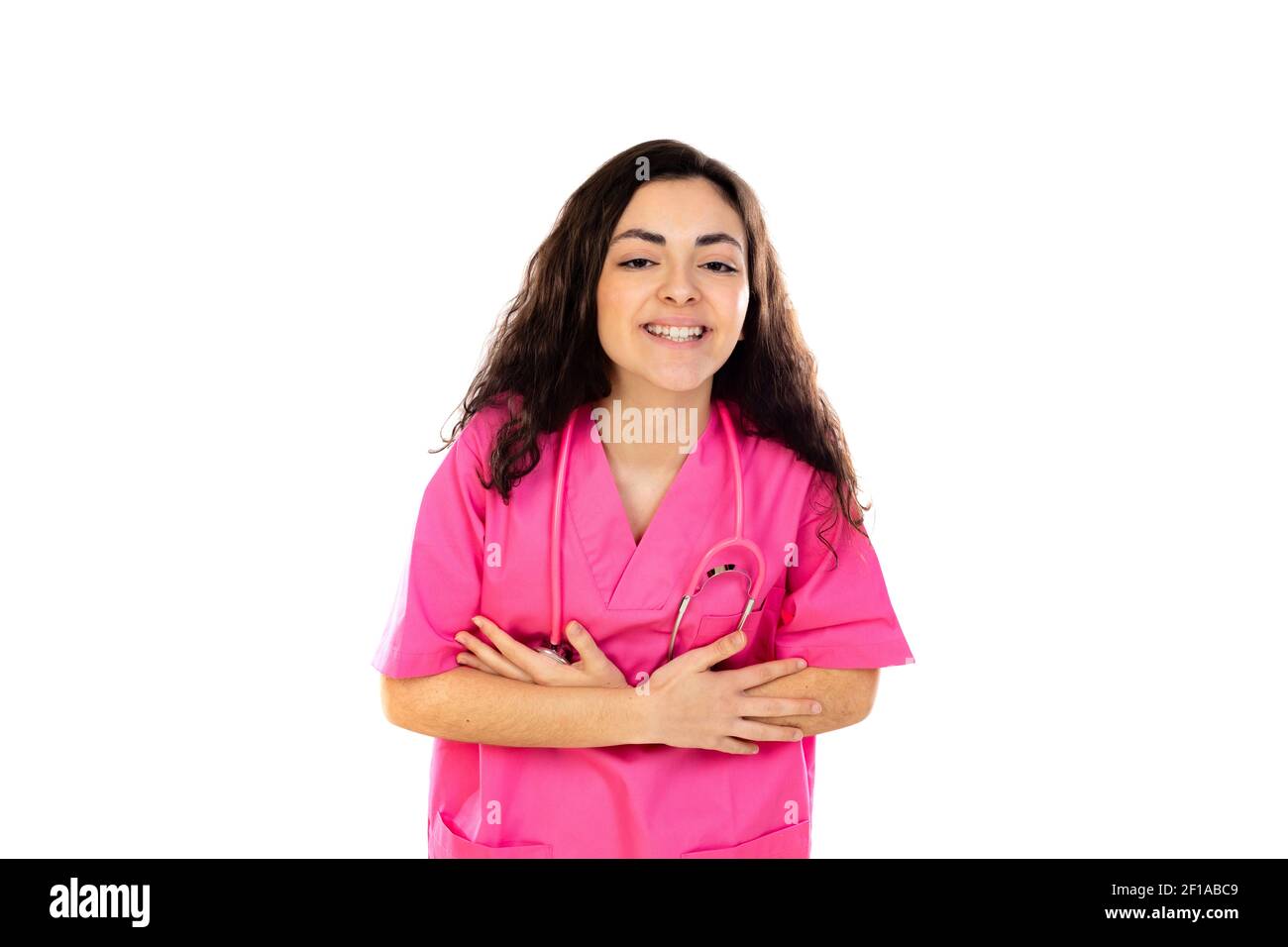 Young doctor with pink uniform isolated on a white background Stock ...