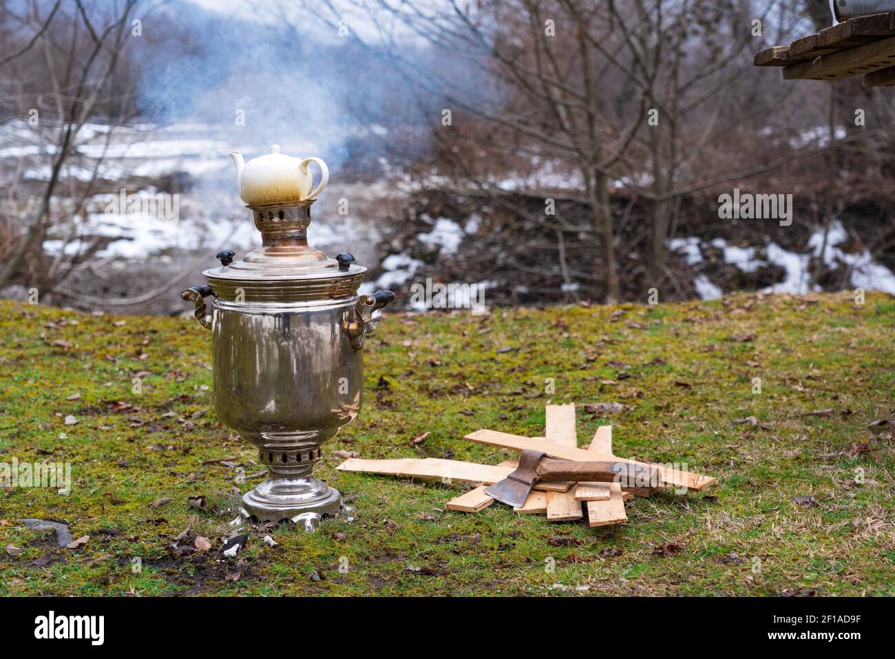 Boiling samovar, tea party outdoor picnic Stock Photo - Alamy
