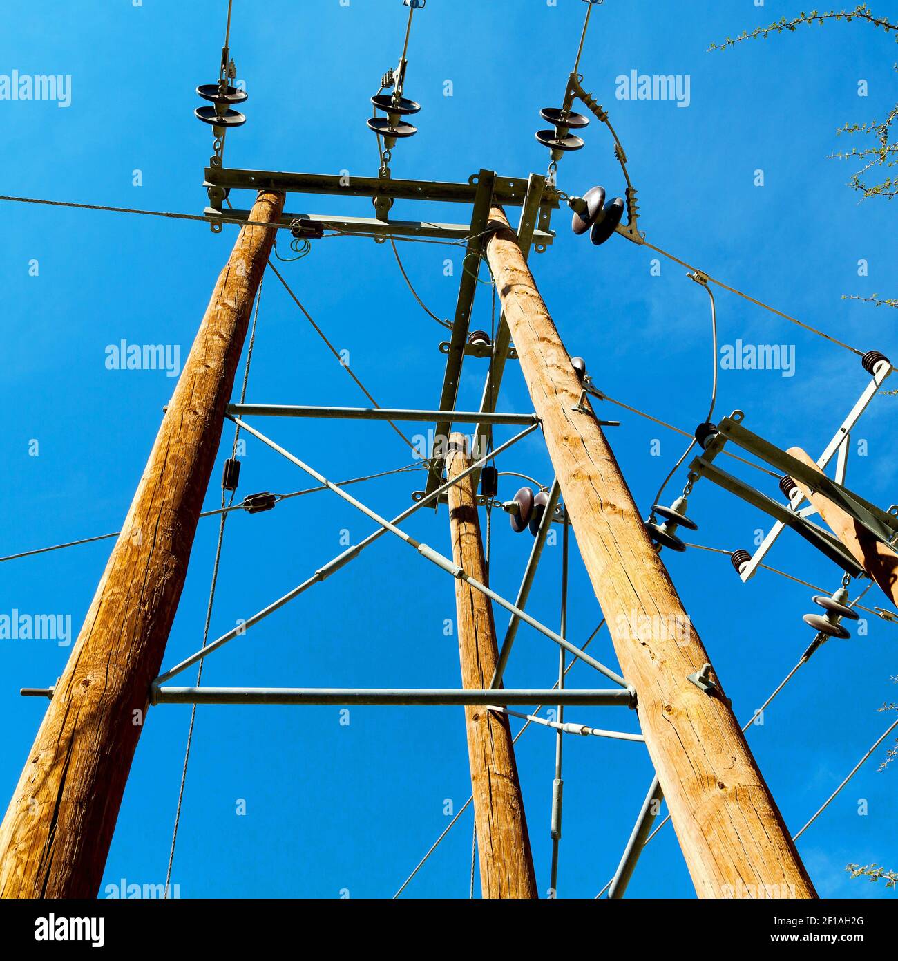 In oman the electric cable wood pylon energy and current line Stock ...