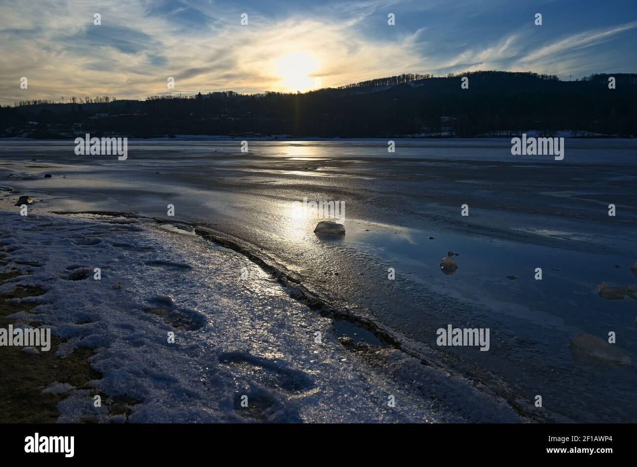 Winter landscape with frozen water. Brno Reservoir - dam. Czech ...