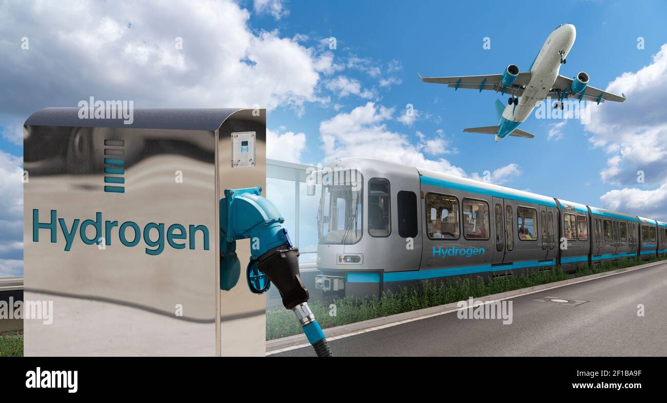 A hydrogen filling station on a background of fuel cell train and airplane. New energy sources ...