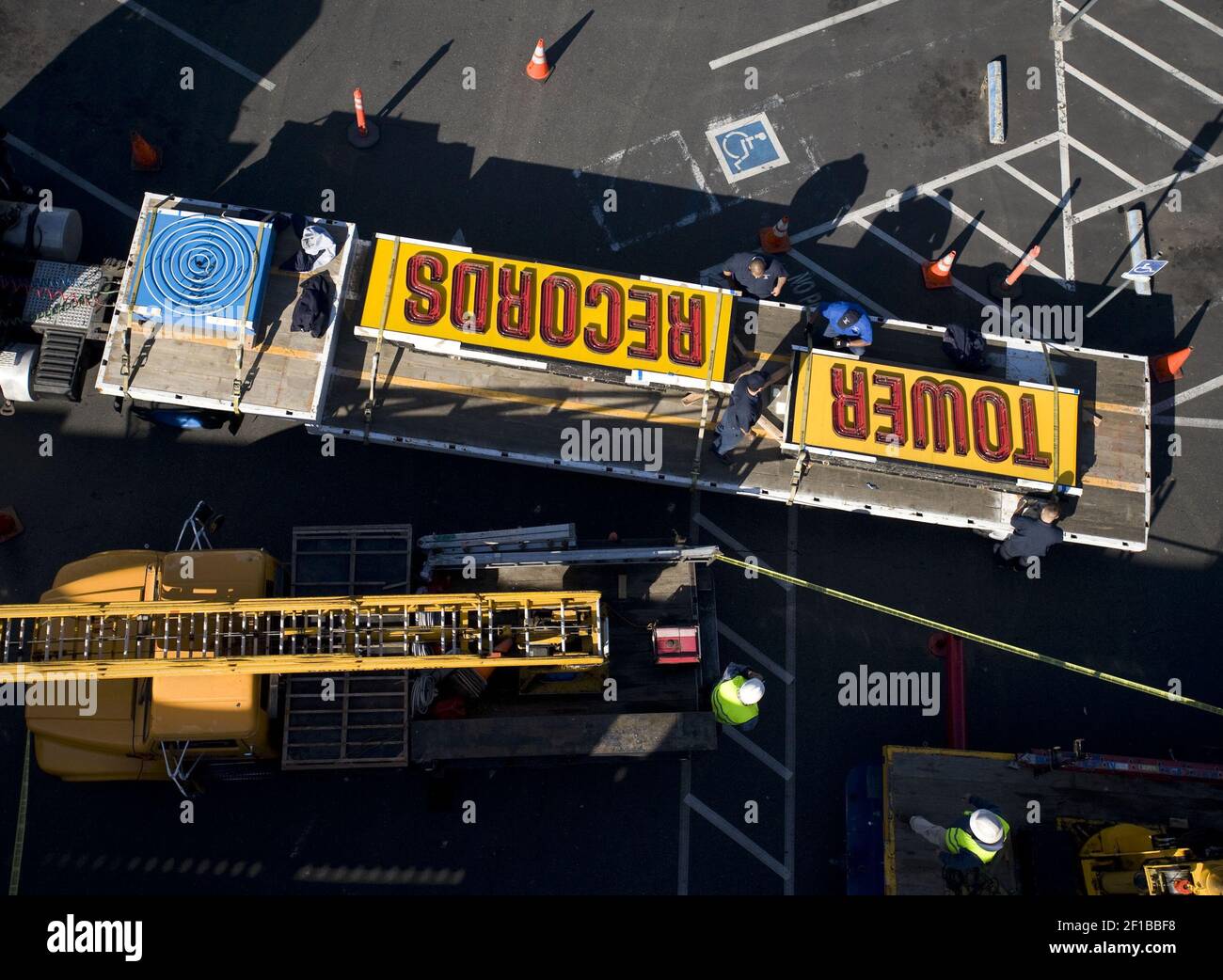 From 65-feet above, the Tower Records sign in its three parts is ...