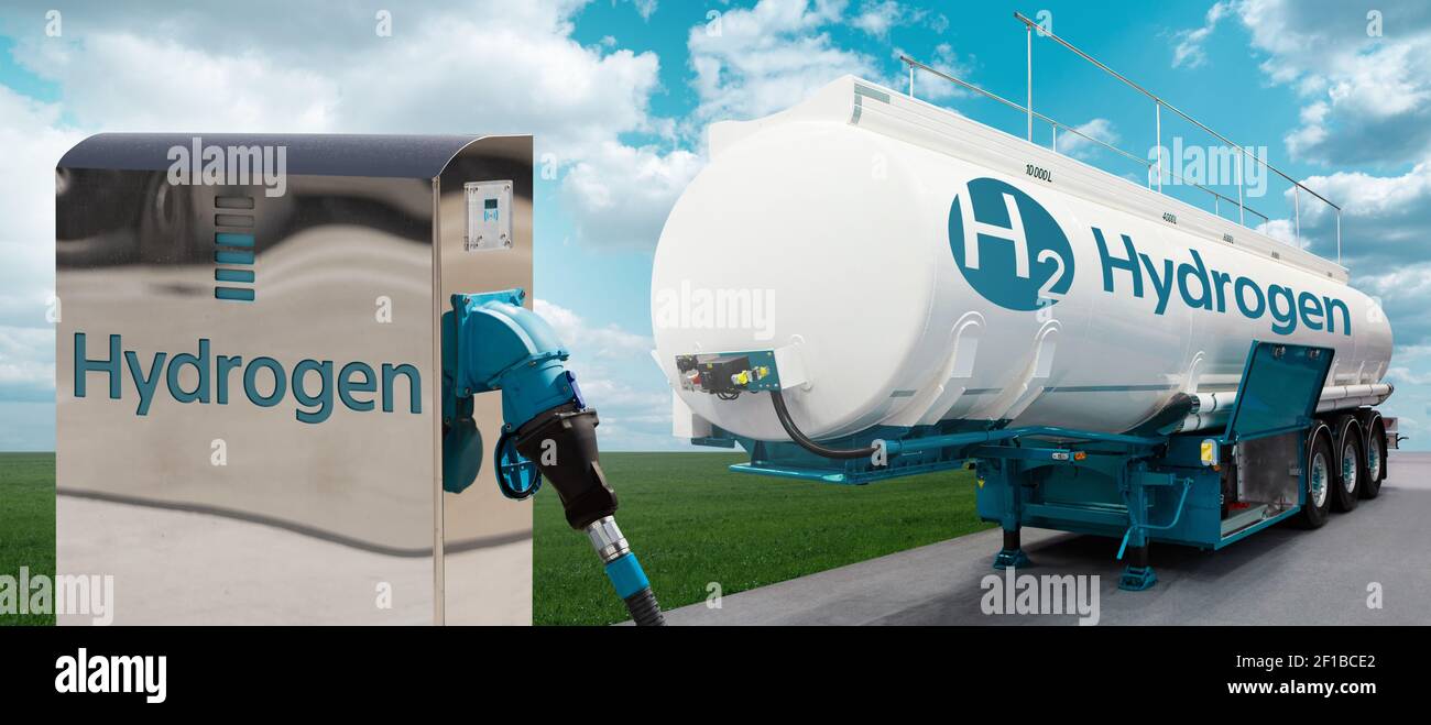 Tank trailer with hydrogen and H2 filling station on the background of ...